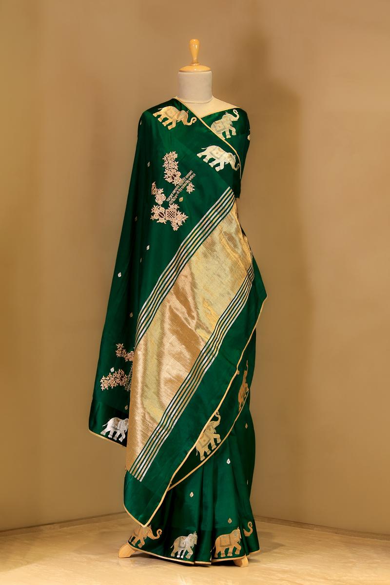 Green Handloom Banarasi Saree with Ganesh Mantra – Chinaya Banaras