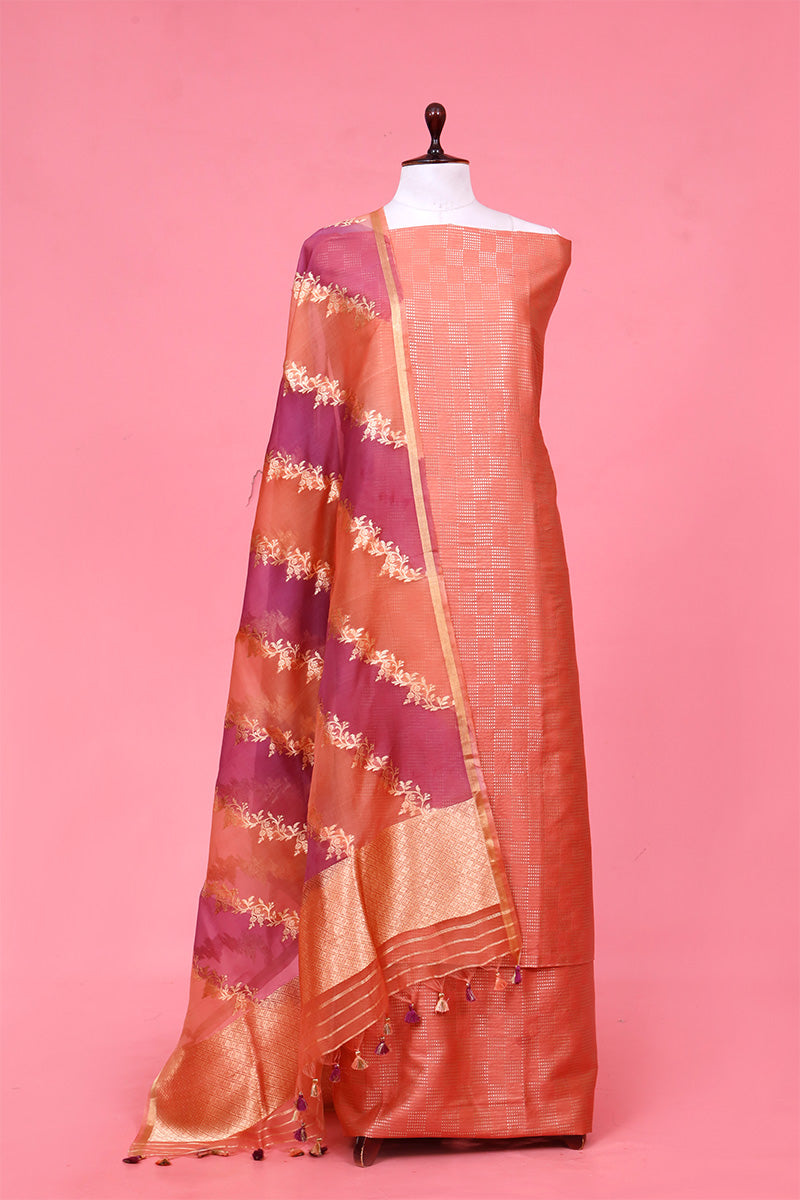 Peach Mulberry Silk Unstitched Salwar Suit with Handloom Dupatta – Chinaya Banaras