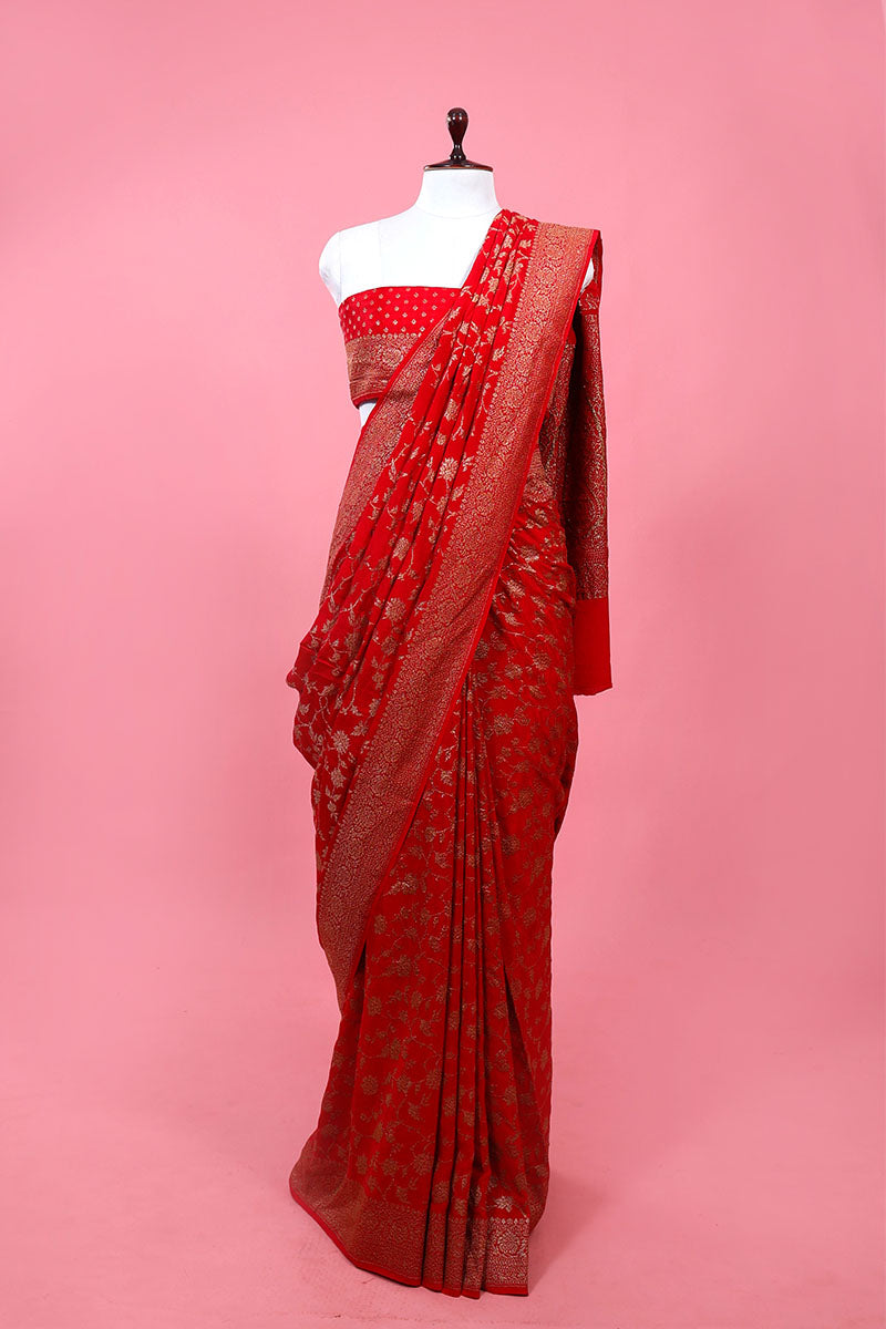 Red Floral Jaal Woven Crepe Saree – Chinaya Banaras