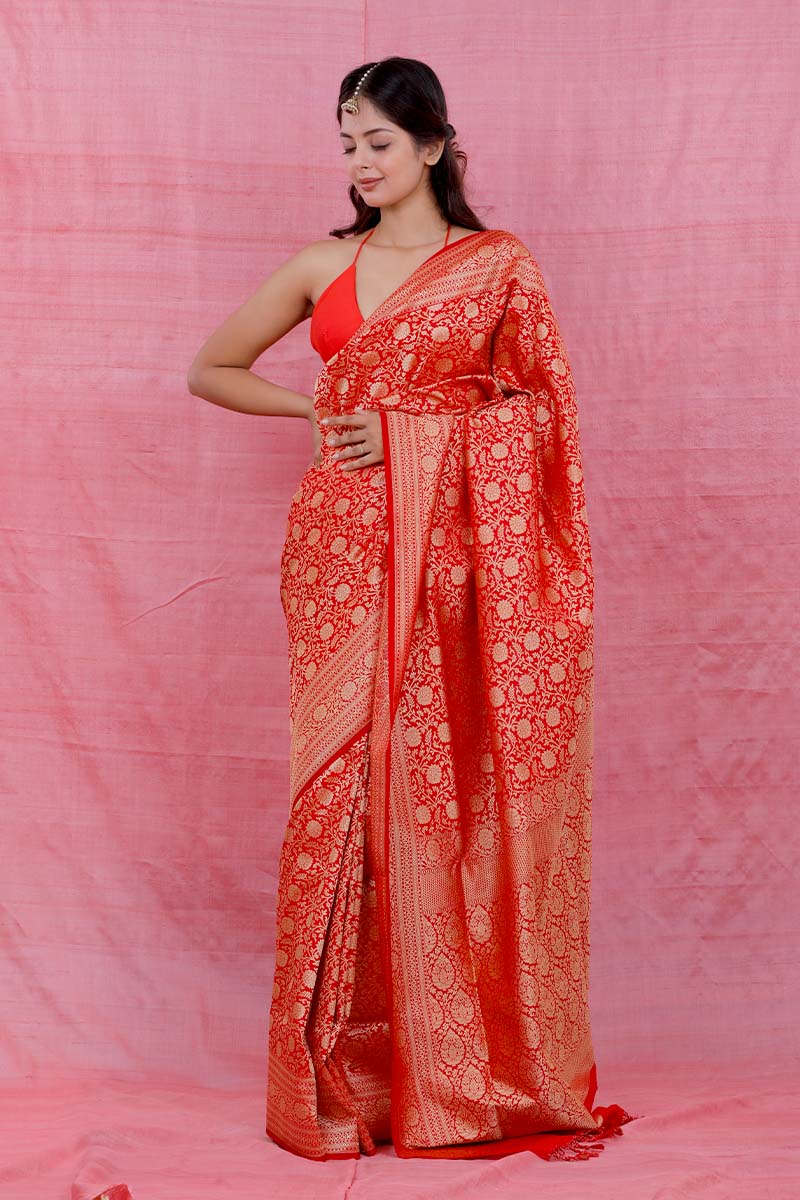 Tomato Red Floral Jaal Woven Silk Saree at Chinaya Banaras