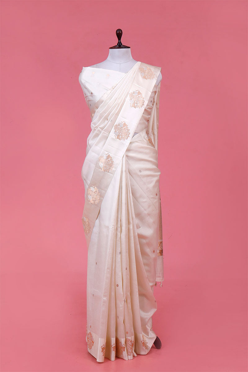 White Handloom Banarasi Silk Saree With Shikargah Motif for Wedding ...