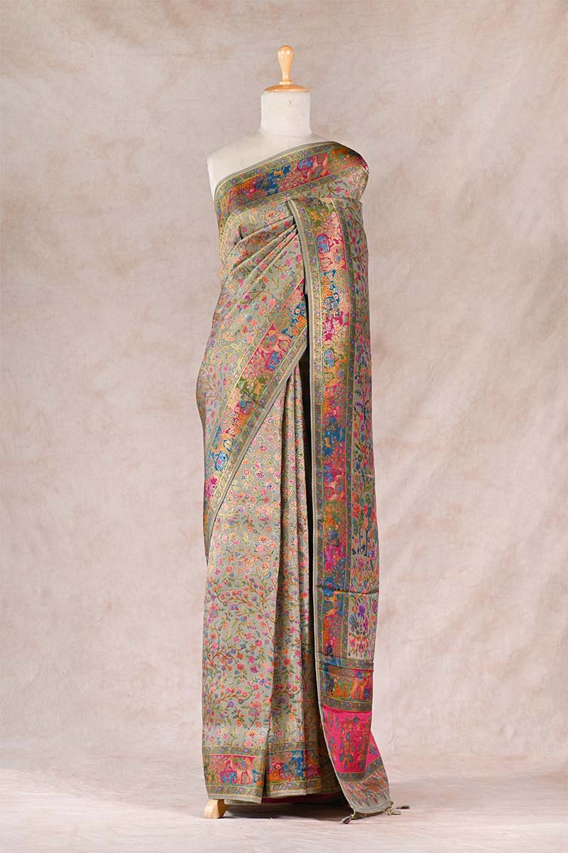 Sage Green Semi Viscose Silk Saree with Pashmina Style Gaja & Ushtra B ...