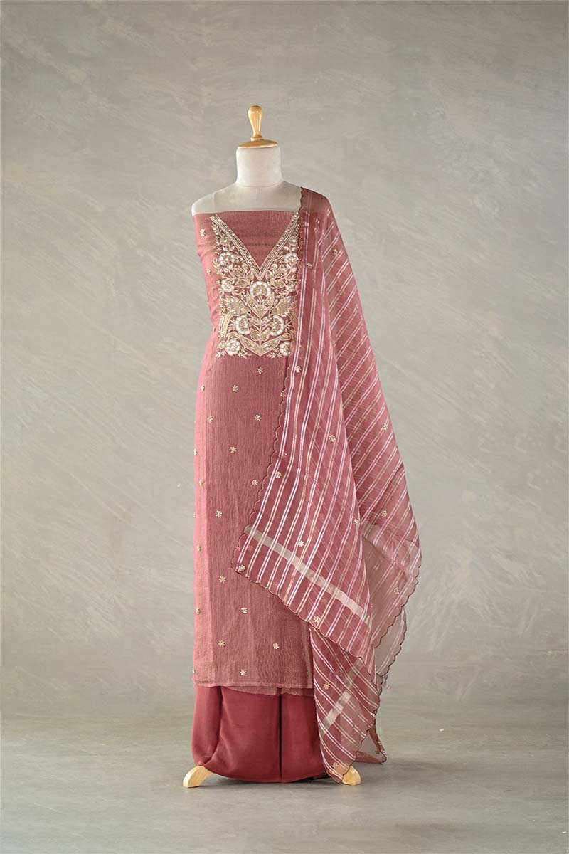 Rust Tissue Silk Salwar Suit with Hand Embroidery – Chinaya Banaras