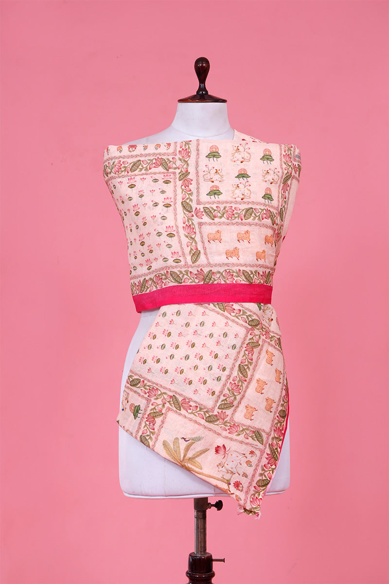 Peach Linen Dupatta with Pichwai Motifs – Chinaya Banaras