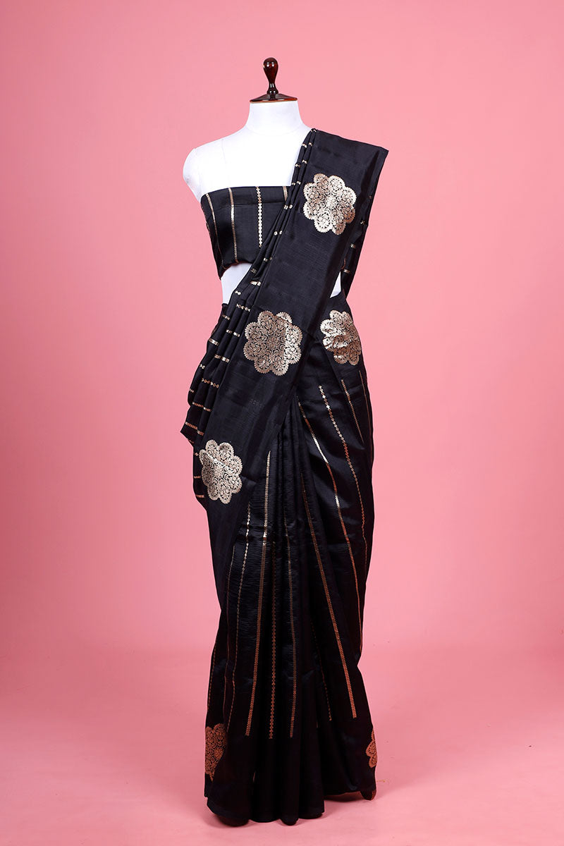 Black Striped Banarasi Saree with Floral Motif Border – Chinaya Banaras