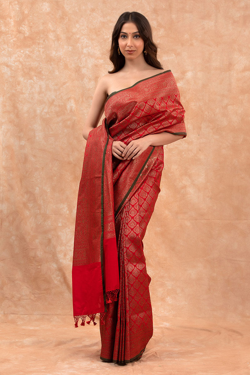 Vermillion Red Ethnic Woven Soft Silk Saree by Chinaya Banaras