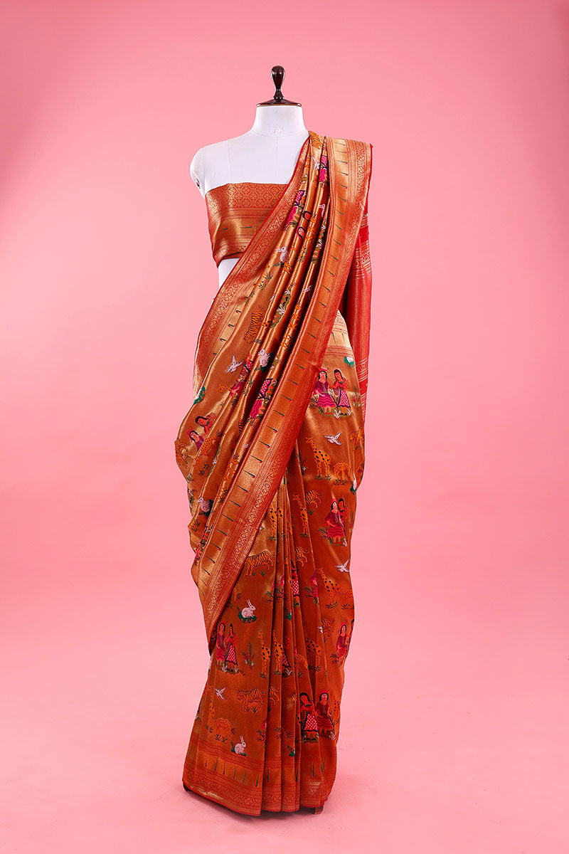 Buy Classic Red Paithani Woven Soft Silk Saree at Chinaya Banaras