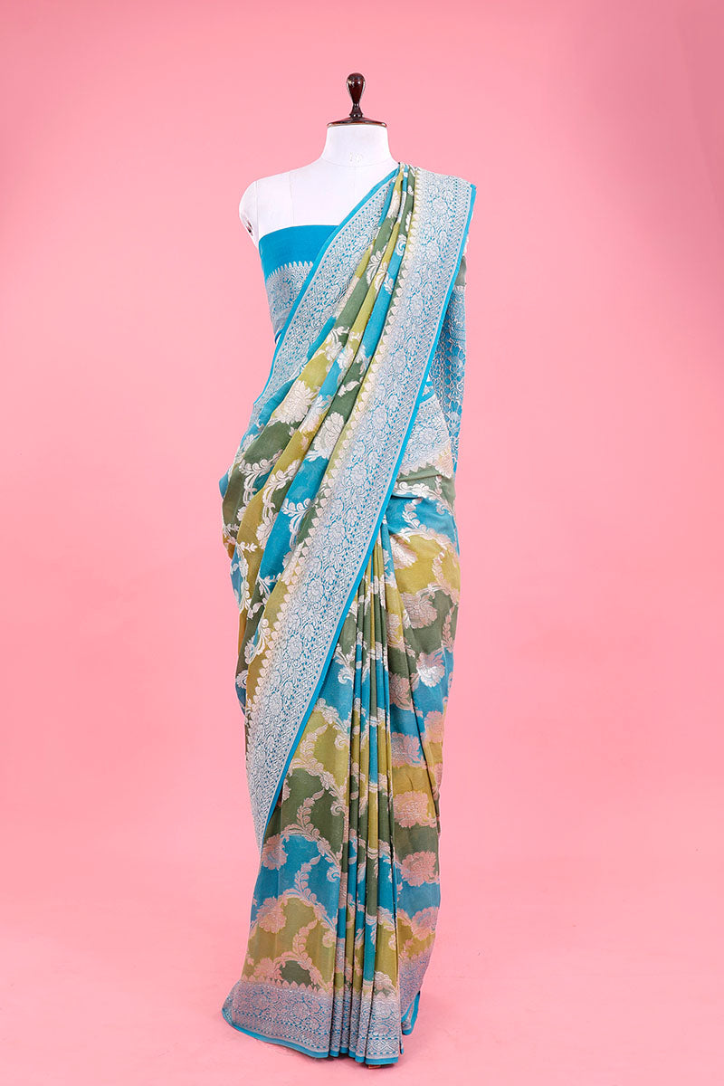 Sky Blue Rangkat Handwoven Georgette Khaddi Silk Saree – Chinaya Banaras