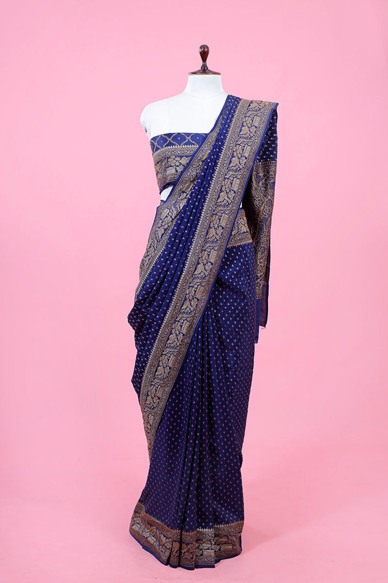 Navy Blue Ethnic Woven Crepe Saree – Chinaya Banaras