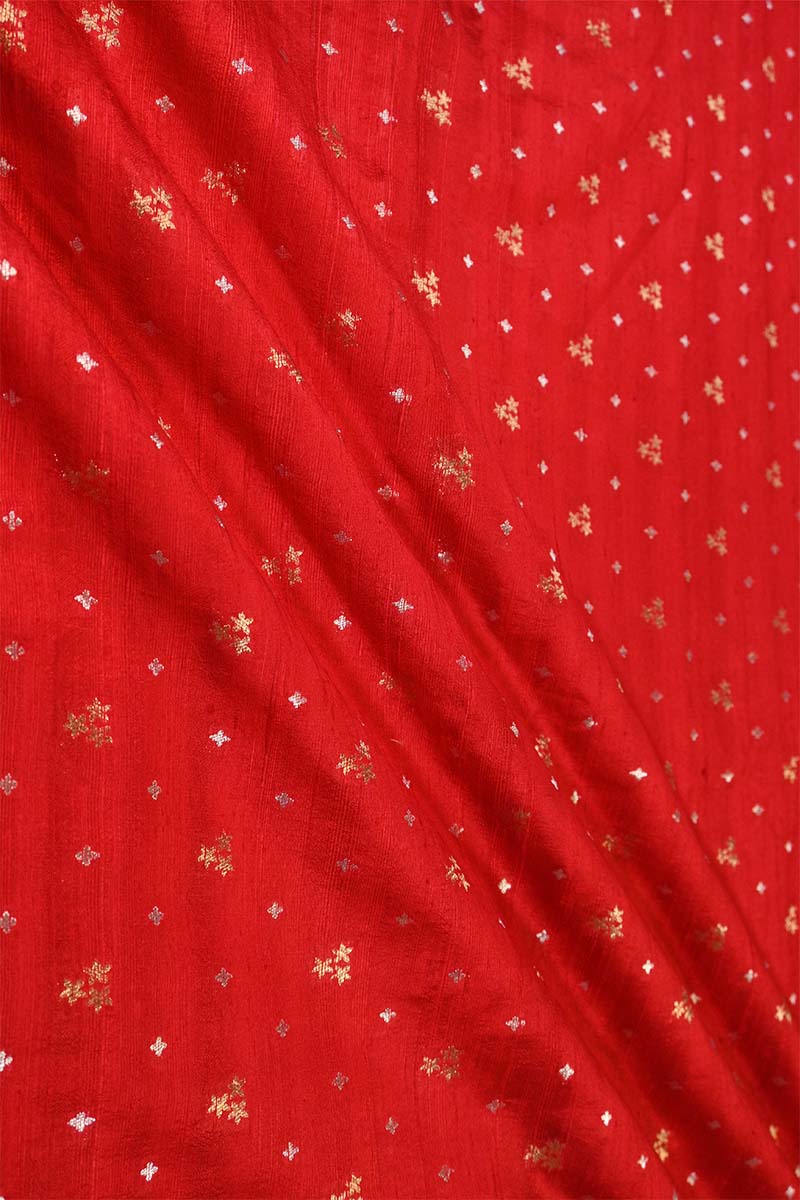 Cherry Red Raw Silk Fabric with Gold and Silver Motifs – Chinaya Banaras