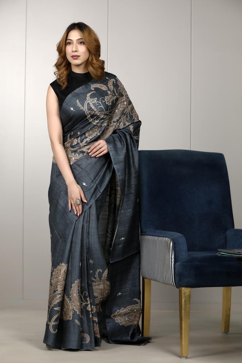 Grey Office Wear Tussar Silk Saree with Block Printed and Aari Work ...