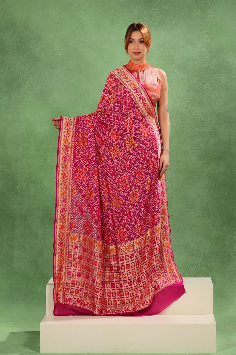 Magenta Pink Bandhani Saree | Chinaya Banaras | Paithani & Gharchola Work