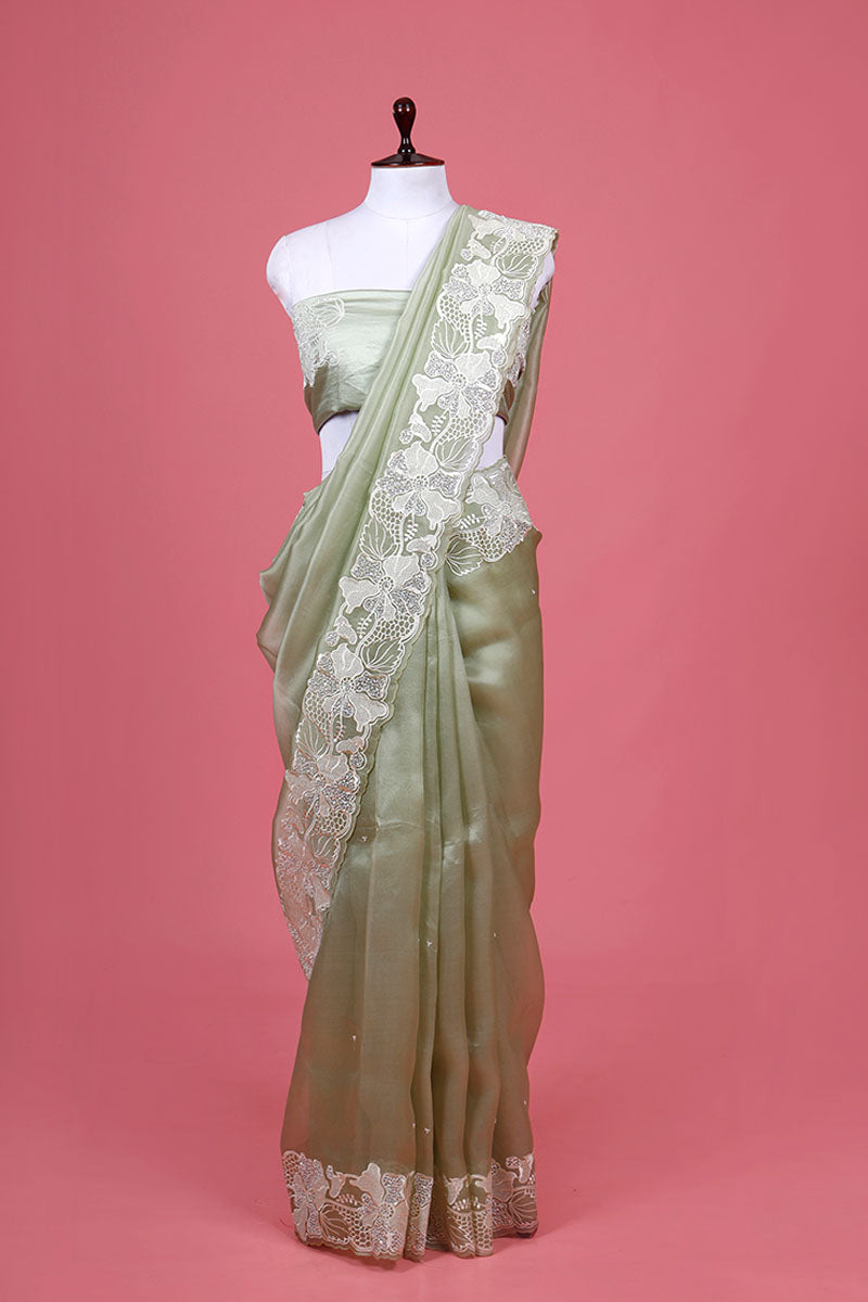 Sage Green Floral Embroidered Organza Silk Sare – Chinaya Banaras