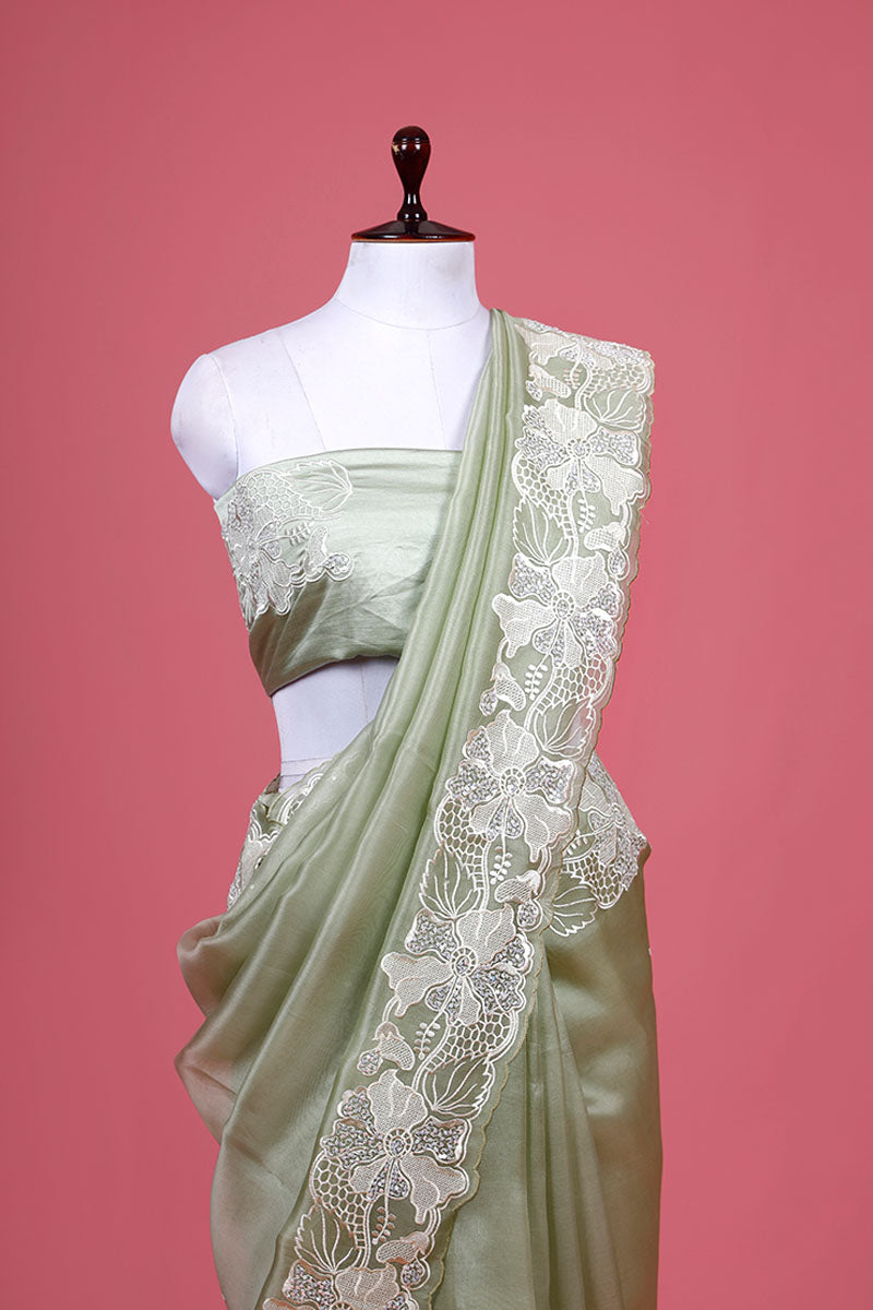 Sage Green Floral Embroidered Organza Silk Sare – Chinaya Banaras